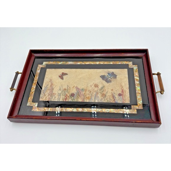 Dining | Vintage 195s Butterflies And Flora Wing Wood Frame Tray | Poshmark